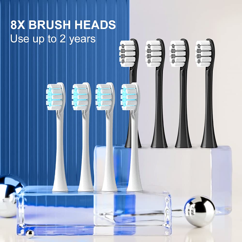 2 Pack Rechargeable Electric Toothbrushes for Adults and Kids, Sonic Whitening Tooth Brush with 8 Brush Heads, 6 Cleaning Modes and Smart Timer, Waterproof Cleaning Toothbrushes Set(black&white)