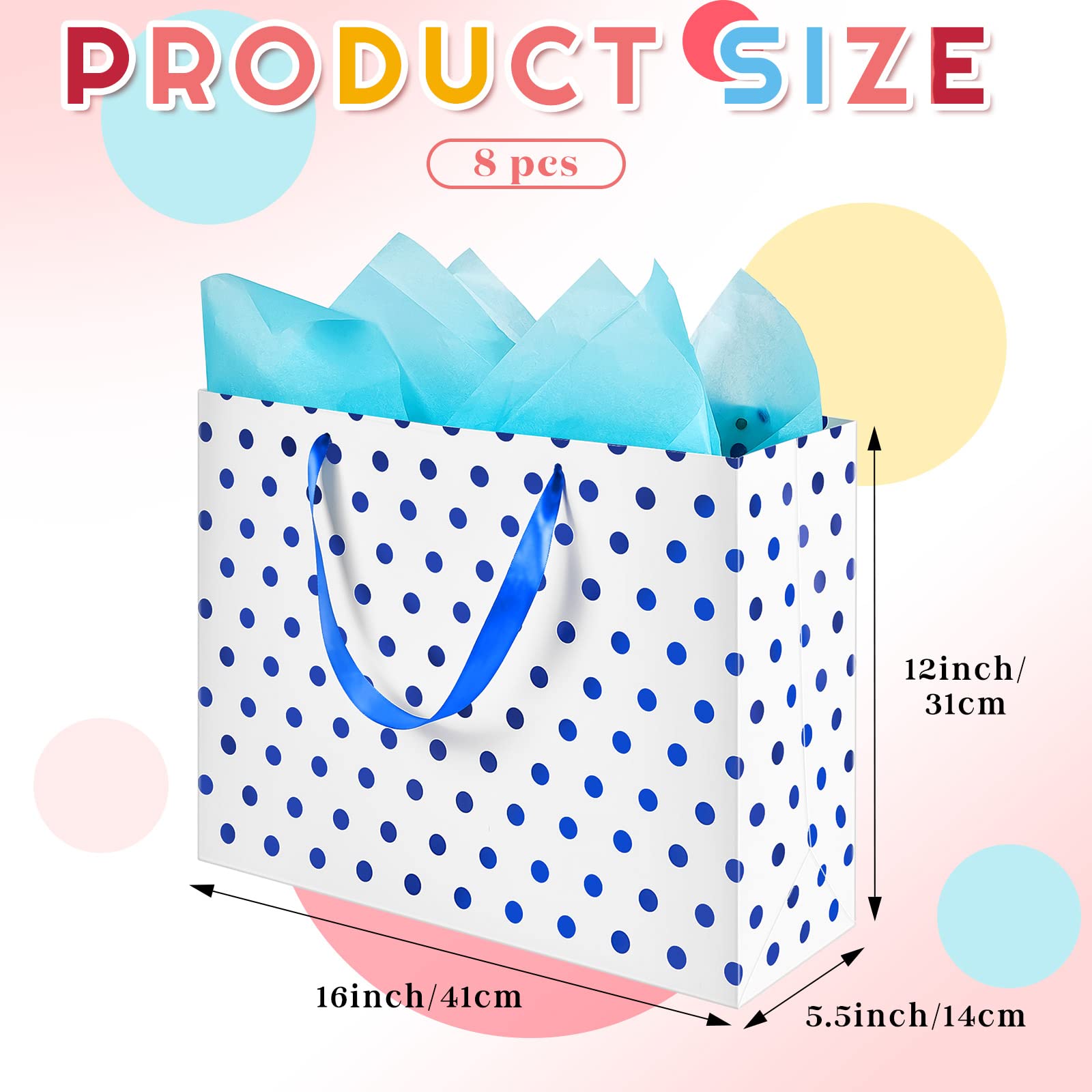 8 Pcs 16'' Extra Large Gift Bags Metallic Dots Present Bags with Handles and Paper for Wedding Holiday Birth Party (Colored)