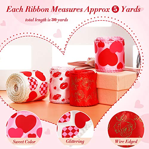 Valentine Wired Edge Ribbon, Hearts Patterned Ribbon, Heart Pattern Ribbon for Wrapping Wreath Flowers Bows, 2.5 Inch x 20 Yards in All (Light-Color Style)