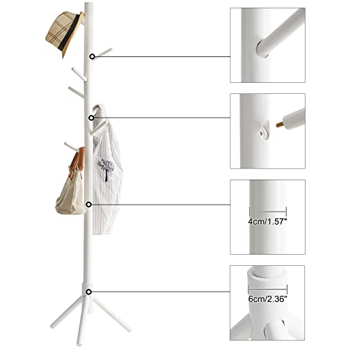 YMYNY Wooden Coat Rack Stand, Free Standing Hall Tree with 8 Hooks Super Easy Assembly, Adjustable Sizes Entryway Coat Rack for Hat, Clothes, Purse, Scarves, Handbags, White, HD-UHRF-1194