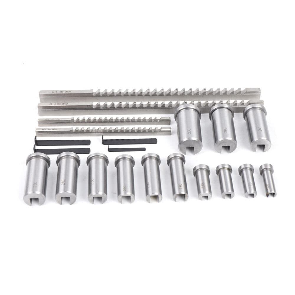 22pcs Keyway Broach Kit, Collared Bushing Shim Sets Metric Size 4 Broaches, 13 Bushings and 5 Gaskets High Speed Steel Keyway Broach Set Metal Processing Tool