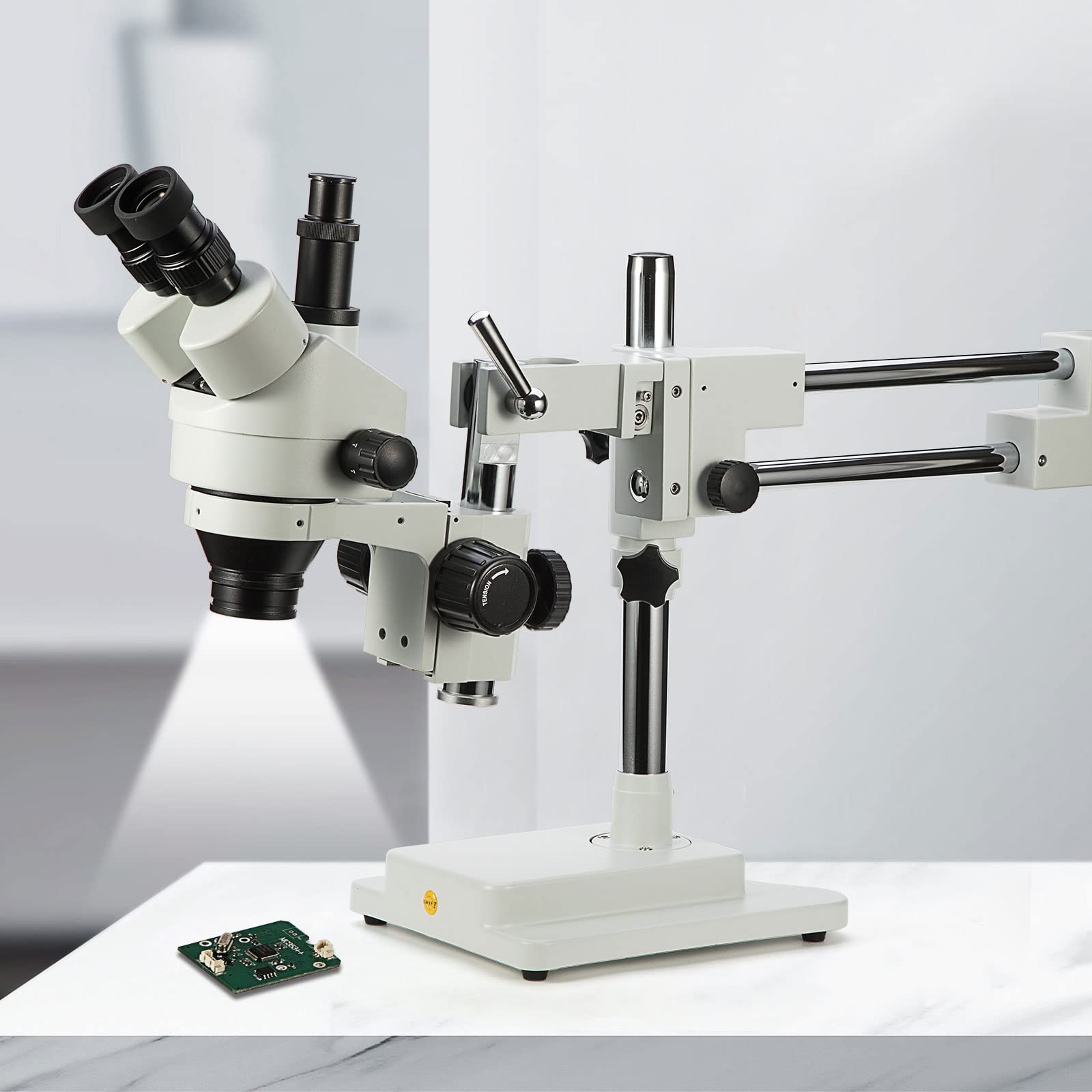 Swift S7 3.5X-90X Professional Simul-Focal Trinocular Stereo Zoom Microscope with WH10x Eyepieces, 0.7X-4.5X Objective,144 LED Ring Light, Double Arm Boom Stand, Includes 0.5X and 2.0X Barlow Lens