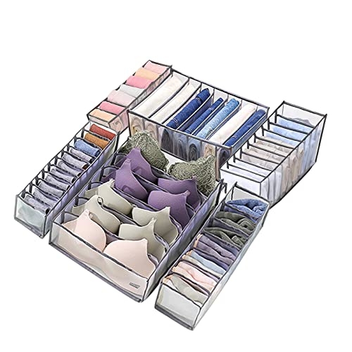 6 Pcs Clothes Organizer,Drawer Organizer Clothes,Wardrobe Drawer Organizers Clothes Closet Storage ,Foldable Mesh Separation Box for T-shirt, Socks, Legging, Scarves, Underwear (Grey, 6/7/11 Grids)