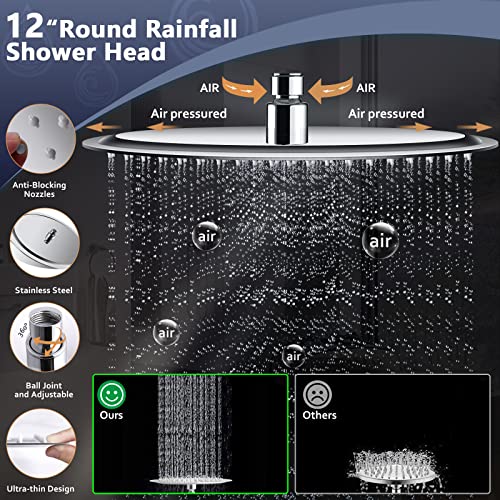 12" Rainfall Shower Head with Handheld Combo, High Pressure Shower Heads with Upgraded 12" Adjustable Curved Shower Extension Arm, 6 Settings Handheld Shower Head Built-in Power Wash Anti-leak(Chrome)