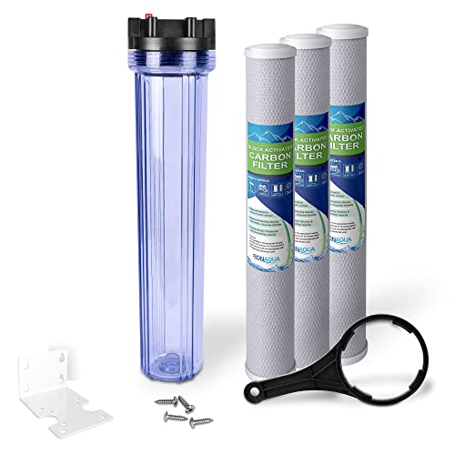 20 x 2.5-Inches Transparent Slim Whole House Water Filter Purifier System with Presser Relief Button, 1â Inlet/Outlet Port & Yearly Supply (3) Coconut Shell Activated Block Carbon Cartridges 5 Micron