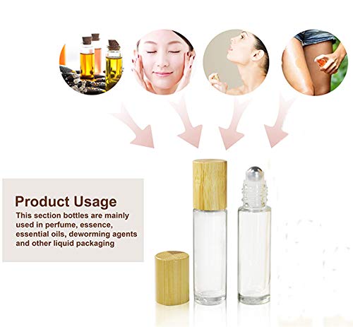 6 Count 10ml Bamboo Roll On Bottle For Essential Oils,Clear Glass Bottle With Natural Bamboo Lid,Portable Massage Stainless Steel Roller Ball Glass Vial Aromatherapy travel Perfumes Bottles