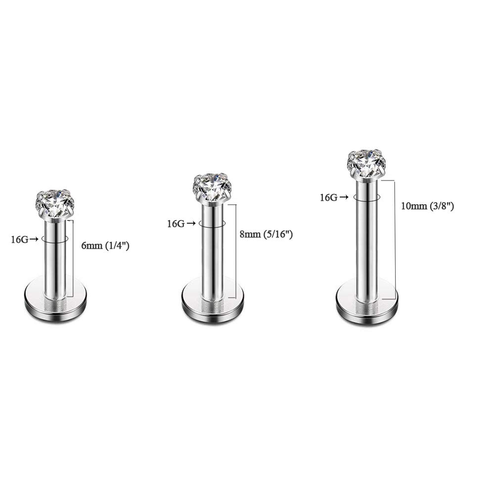 16G Stainless Steel Lip Rings Labret Monroe Nose Tragus Helix Stud Ear Piercing Internally Threaded 2mm Diamond CZ 6mm 8mm 10mm Bar Length 3 Pairs Set (Steel)