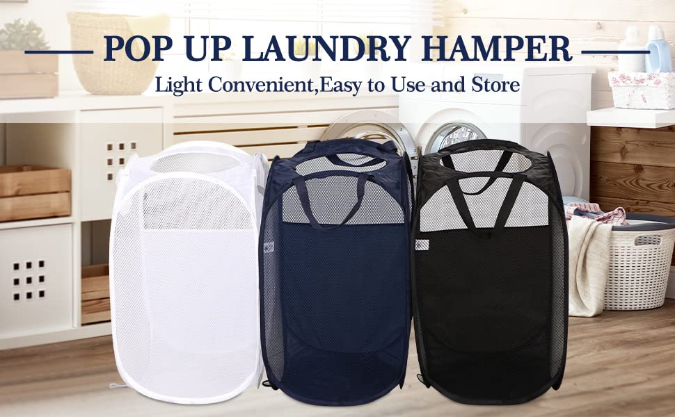 6 Pcs Mesh Popup Laundry Hamper (Black/White/Blue),Popup Laundry Basket with Durable Handles,Foldable Pop-up Mesh Hamper Dirty Clothes Basket for Kids Room, College Dorm or Travel