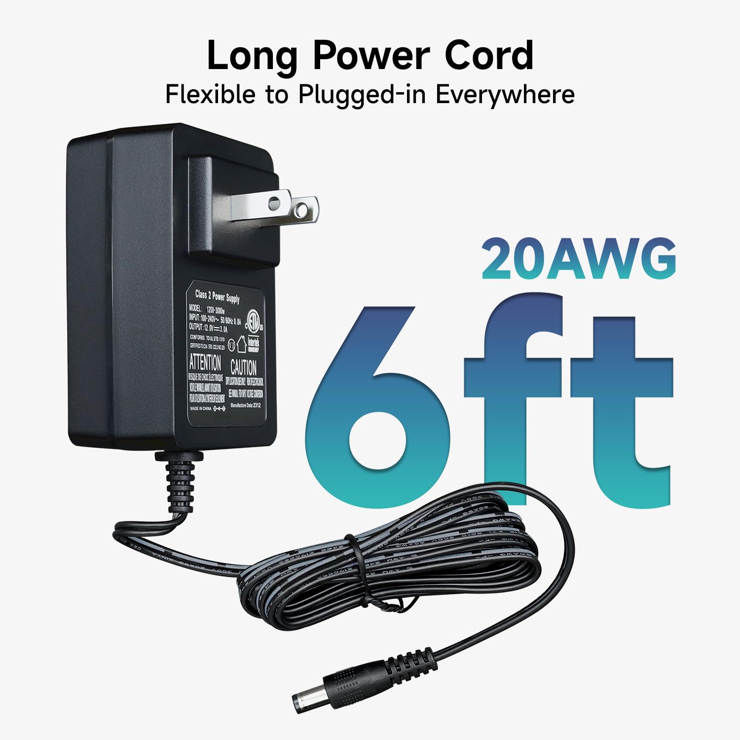 2 Pack 12Vdc 3A/3000mA 6ft Power Supply Adapter, 100-240V 50/60Hz AC to DC 36W Wall Charger with Barrel Connector for LED Strip Light, CCTV Camera, Router, DVR, NVR and More, ETL FCC (6Ft Cord, 20AWG)