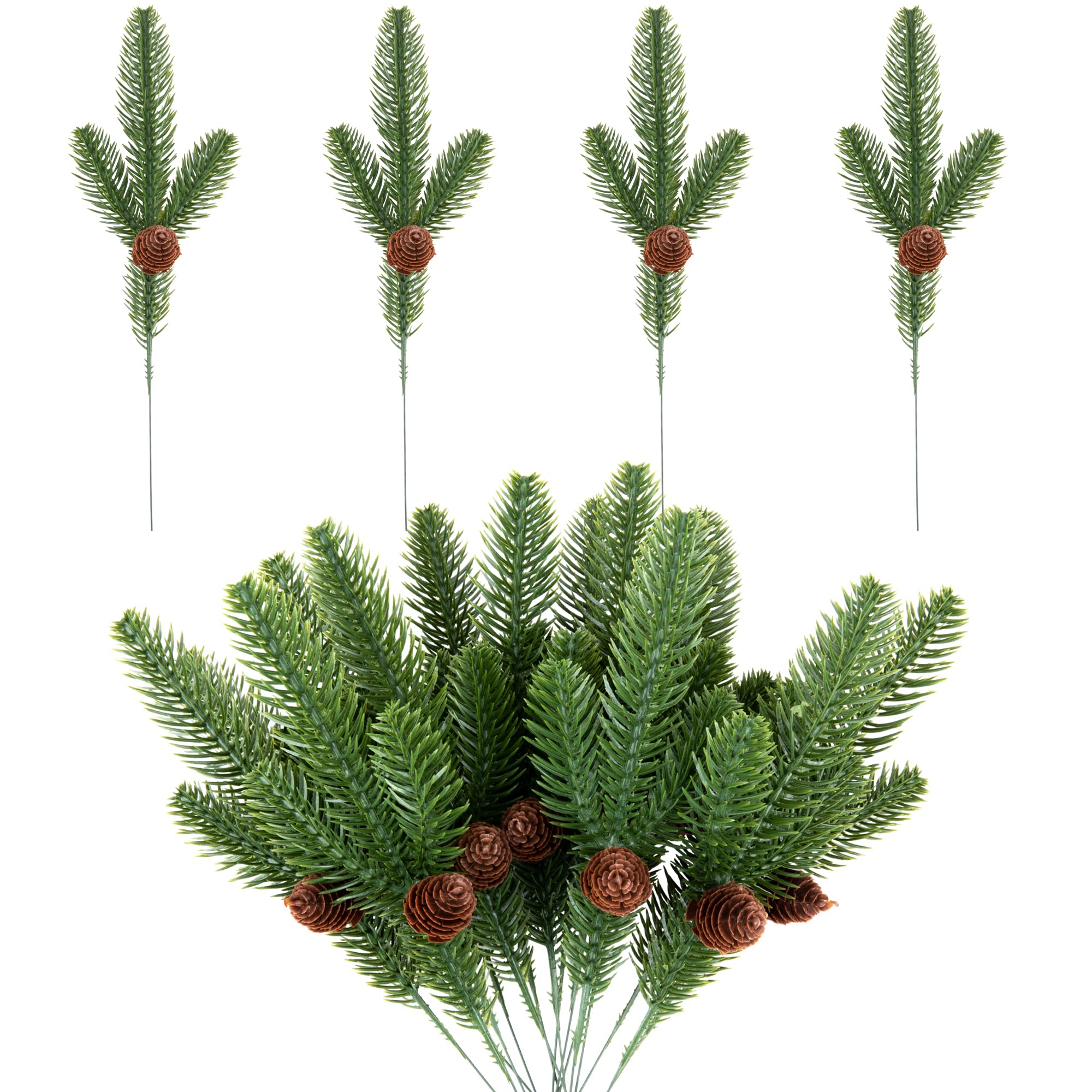 Alpurple 15 PCS Fake Greenery Pine Picks with Pinecone-11 Inch Artificial Pine Needles Branches with Pine Cones-Pine Twigs Stems Picks for Christmas Garland Home Garden Decoration