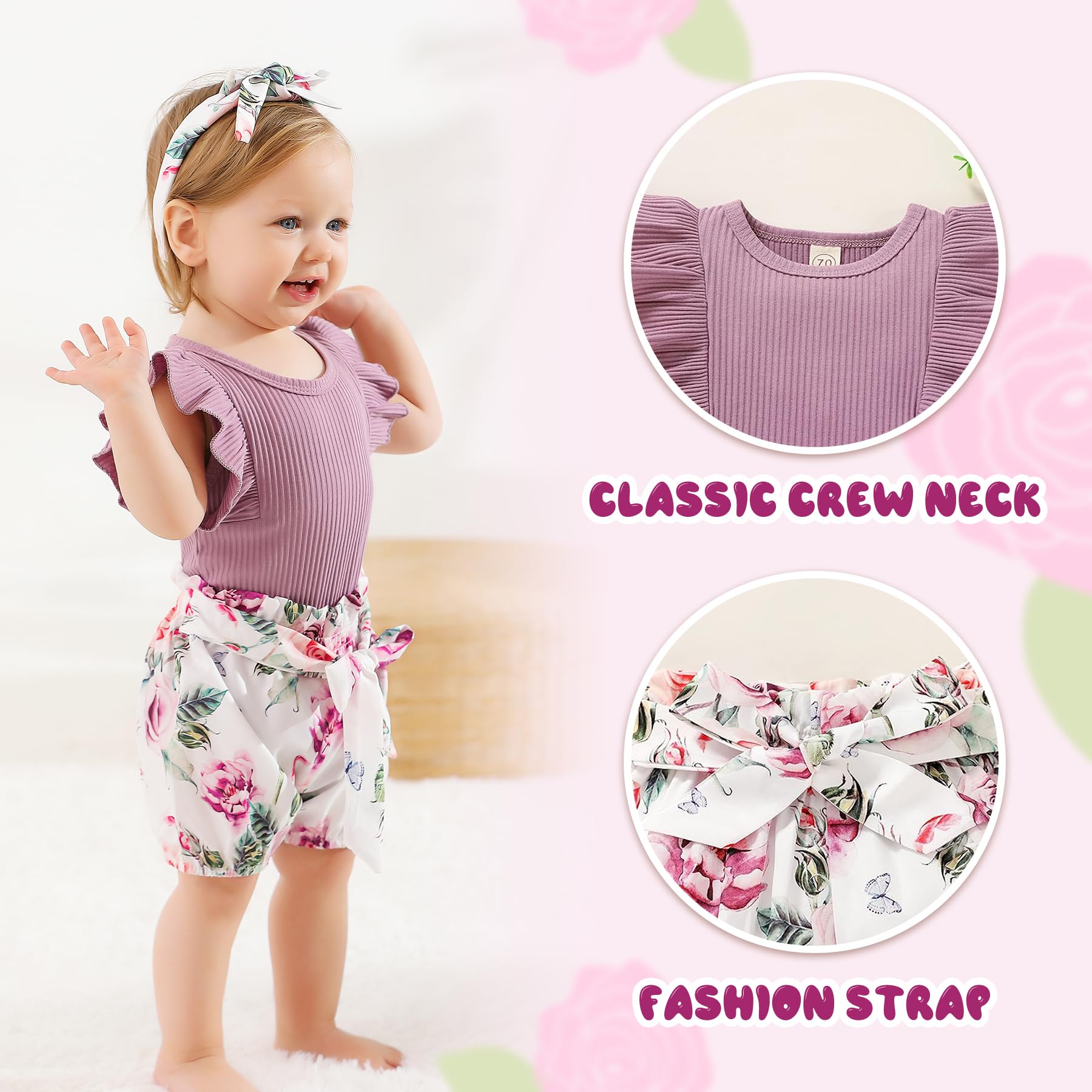Tiny Cutey Baby Girl Clothes Infant Summer Outfits Set Ruffle Sleeve Romper and Floral Shorts with Headband (Sleeveless Purple, 90, 12_months)
