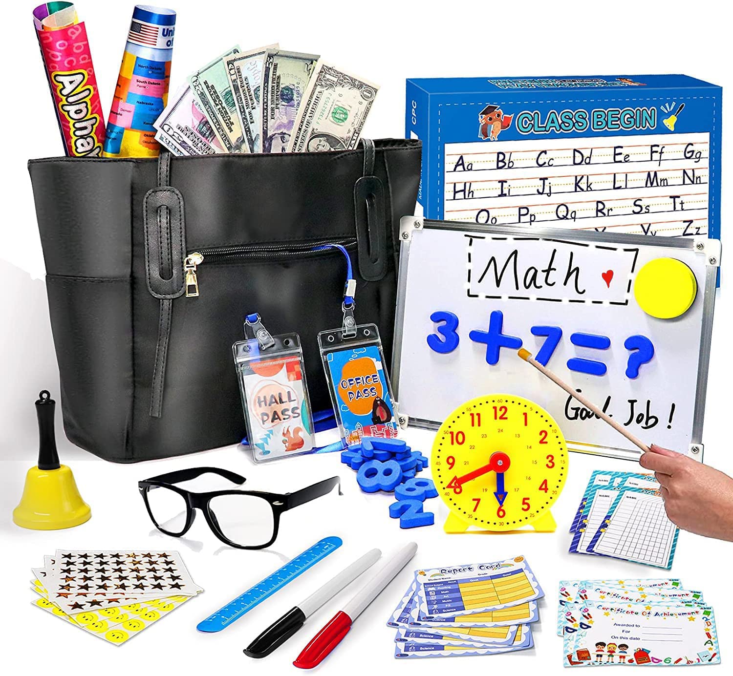 Alritz Pretend Play Teacher Set Classroom Learning Education Includes Reusable White Board Bell Clock and More, Be Teacher Student, for Boys Girls 5 6 7 8 9 10 11 12 Years Old