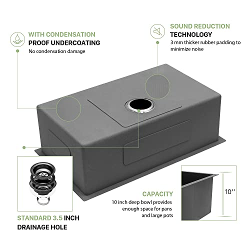 32 Inch Black Undermount Kitchen Sink - Beslend 32"x19"x10" Stainless Steel Gunmetal Black 16 Gauge 10 Inch Deep Single Bowl Basin