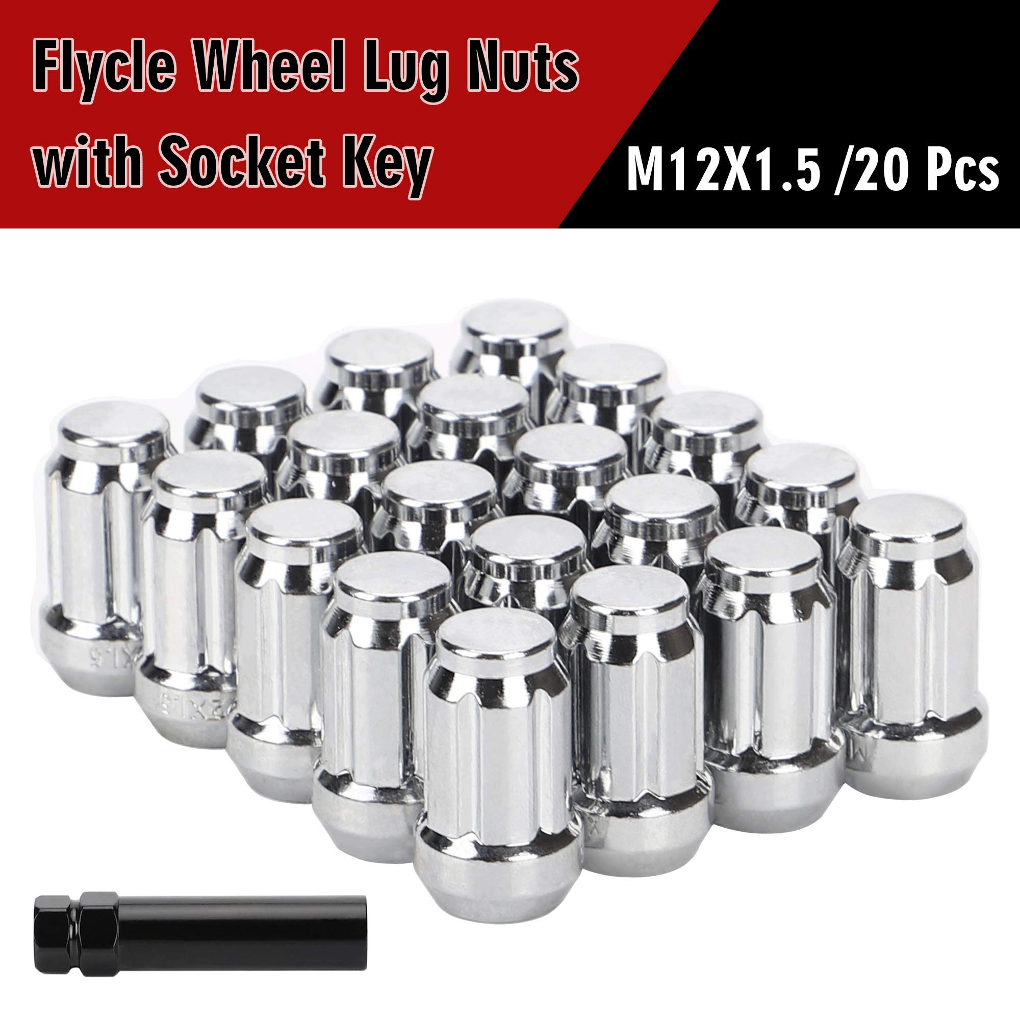 20PCS M12x1.5 Lug Nuts Chrome, 12mmx1.5 Spline Lug Nuts with 1 Socket Key for Accord Civic CR-V Compass Impala Escape Focus Lug Nuts Aftermarket Wheels