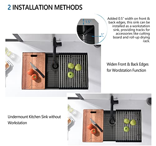 33 Black Undermount Kitchen Sink, 33x19x10 Inch 16 Gauge Black Stainless Steel Single Bowl Workstation Kitchen Sinks With Accessories BL34