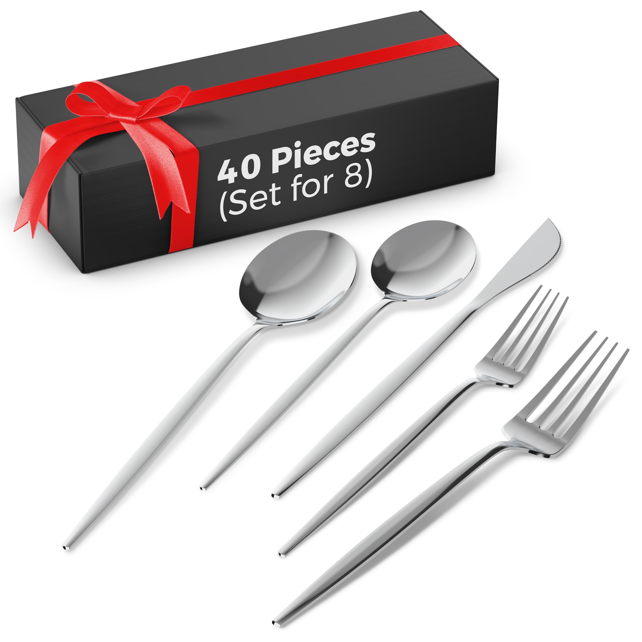 40 Piece Stainless Steel Flatware Sets for 8 with 1 Knife, 2 Spoons, and 2 Forks Kitchen Silverware Sets, Cutlery Set for 8, Kitchen Essentials
