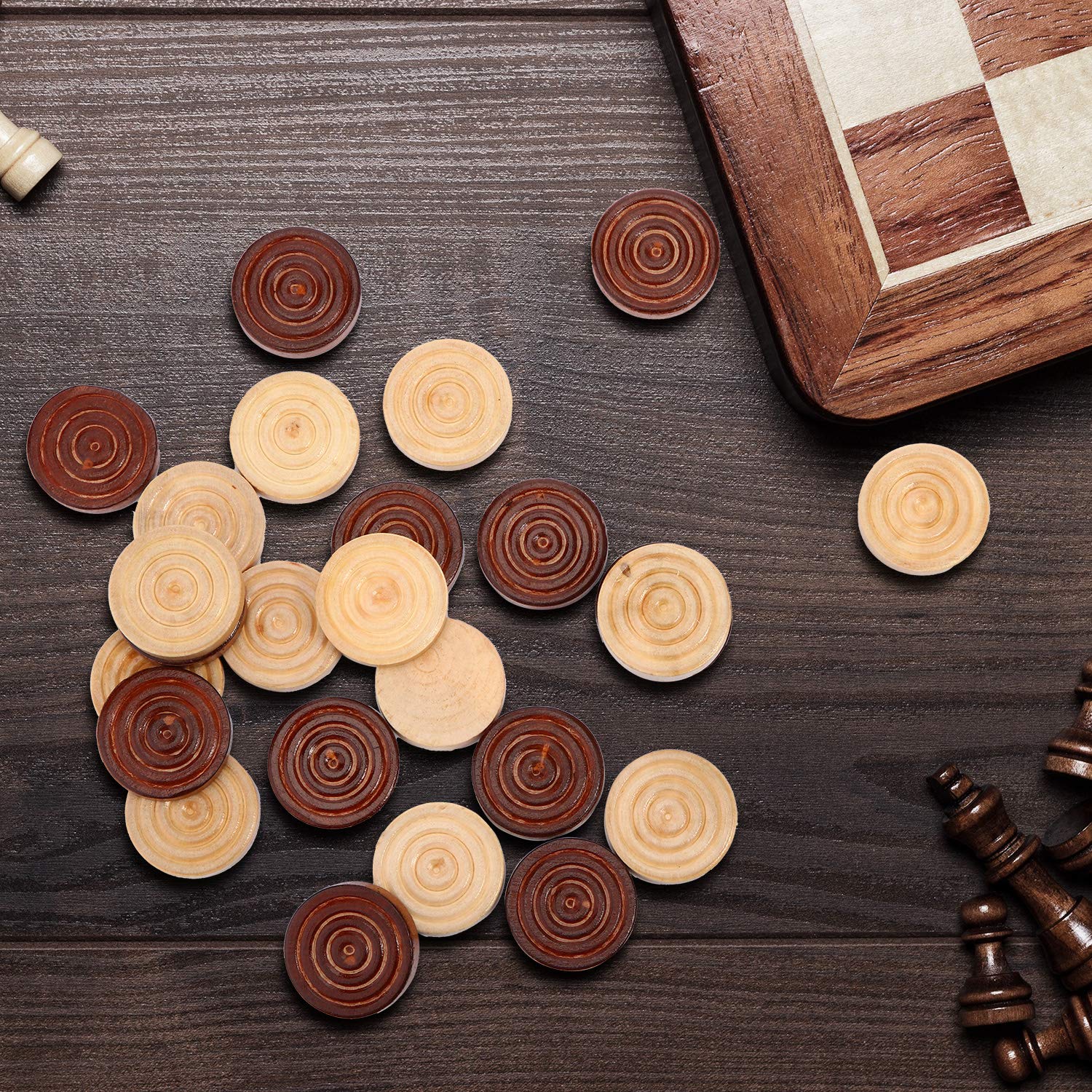 24 Pieces Wooden Checkers 1.06 Inch Wood Checkers Pieces Stackable with Drawstring Storage Bag for Board Game Backgammon, Dark Brown and Natural Wood Color