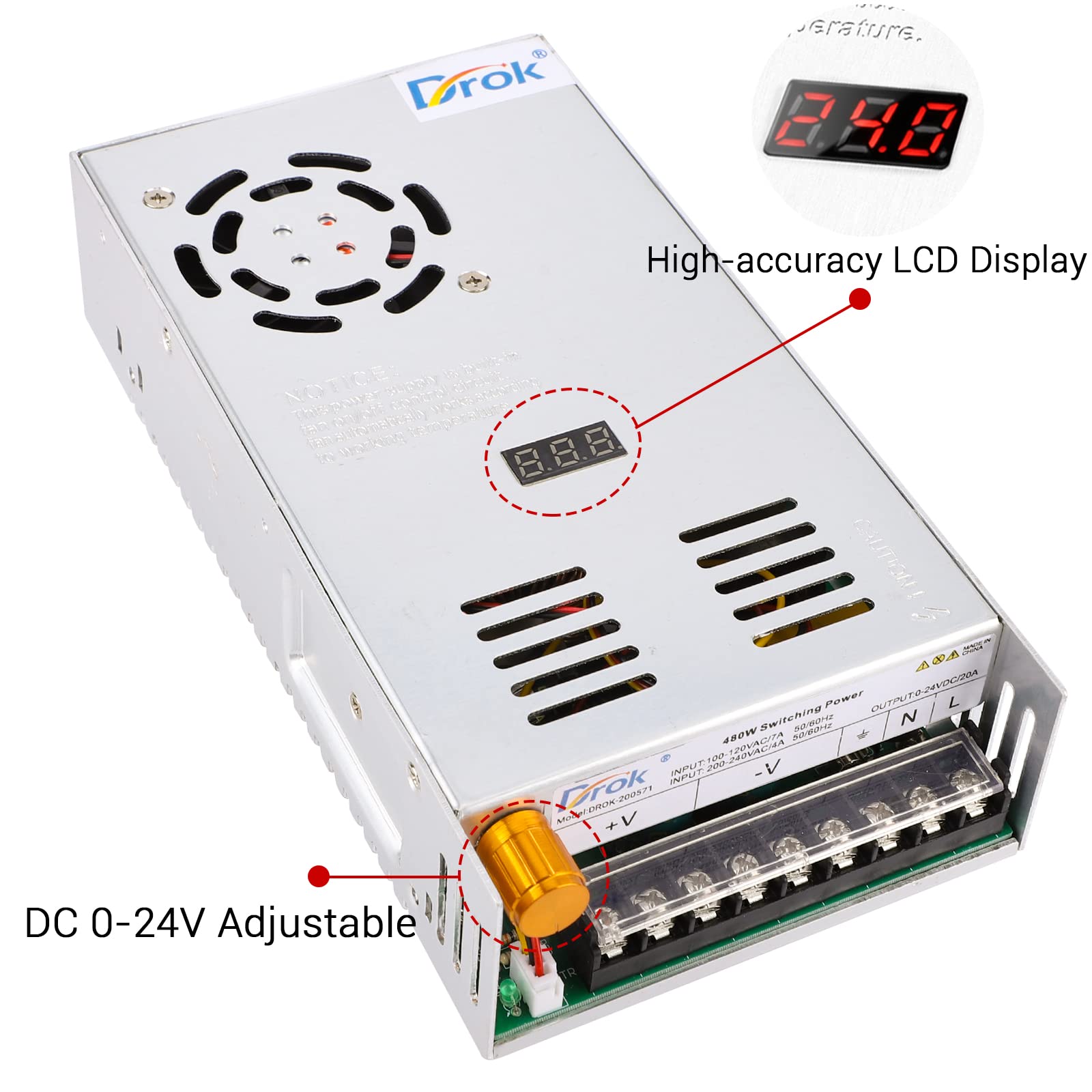DROK 24V Power Supply, AC 110V/220V to DC 0-24V 20A 480W Buck Converter, Variable Adjustable Adapter Regulated 5V 12V 24V Volt Switching Voltage LED Transformer 20A Amp Charger for Computer Lab