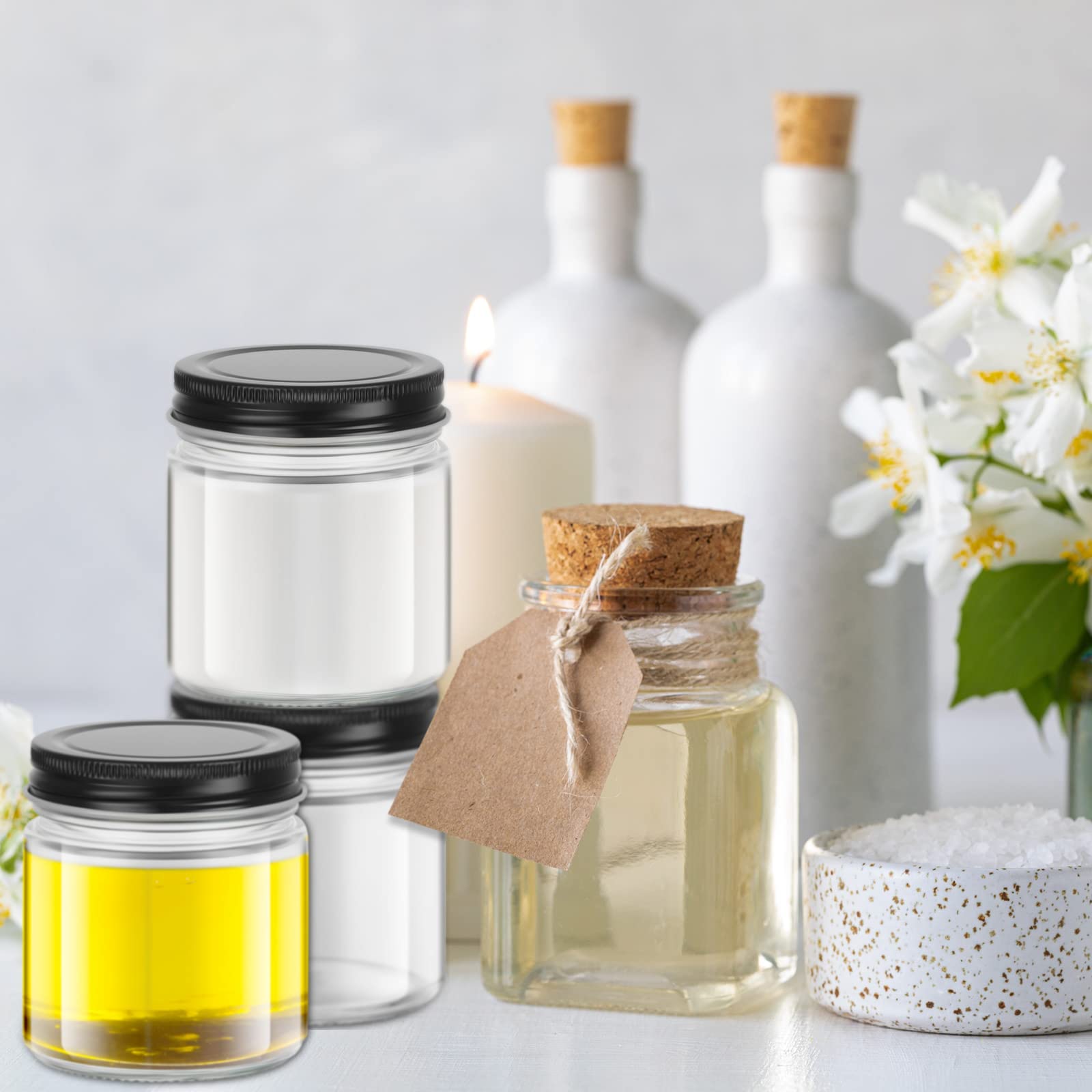 32 Pcs Thick Glass Jars with Lids Canning Jars 8 oz Clear Round Candle Jars Wide Mouth Pickle Jars with Lids Glass Storage Containers with Lids for Spice Powder Liquid Lotion Honey, Dishwasher Safe
