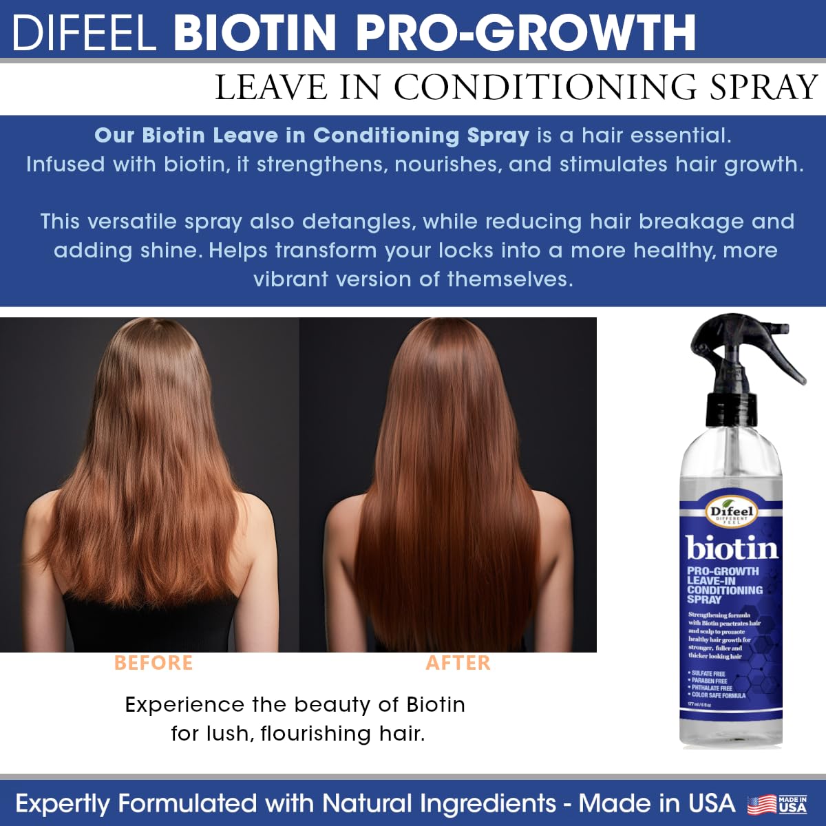 Difeel Pro-Growth Biotin Shampoo 4-PC Set- Includes Biotin Shampoo 33.8 oz, Leave-in Conditioning Spray 6oz, Hair Mask 12 oz AND Biotin Hair Oil 7.78oz