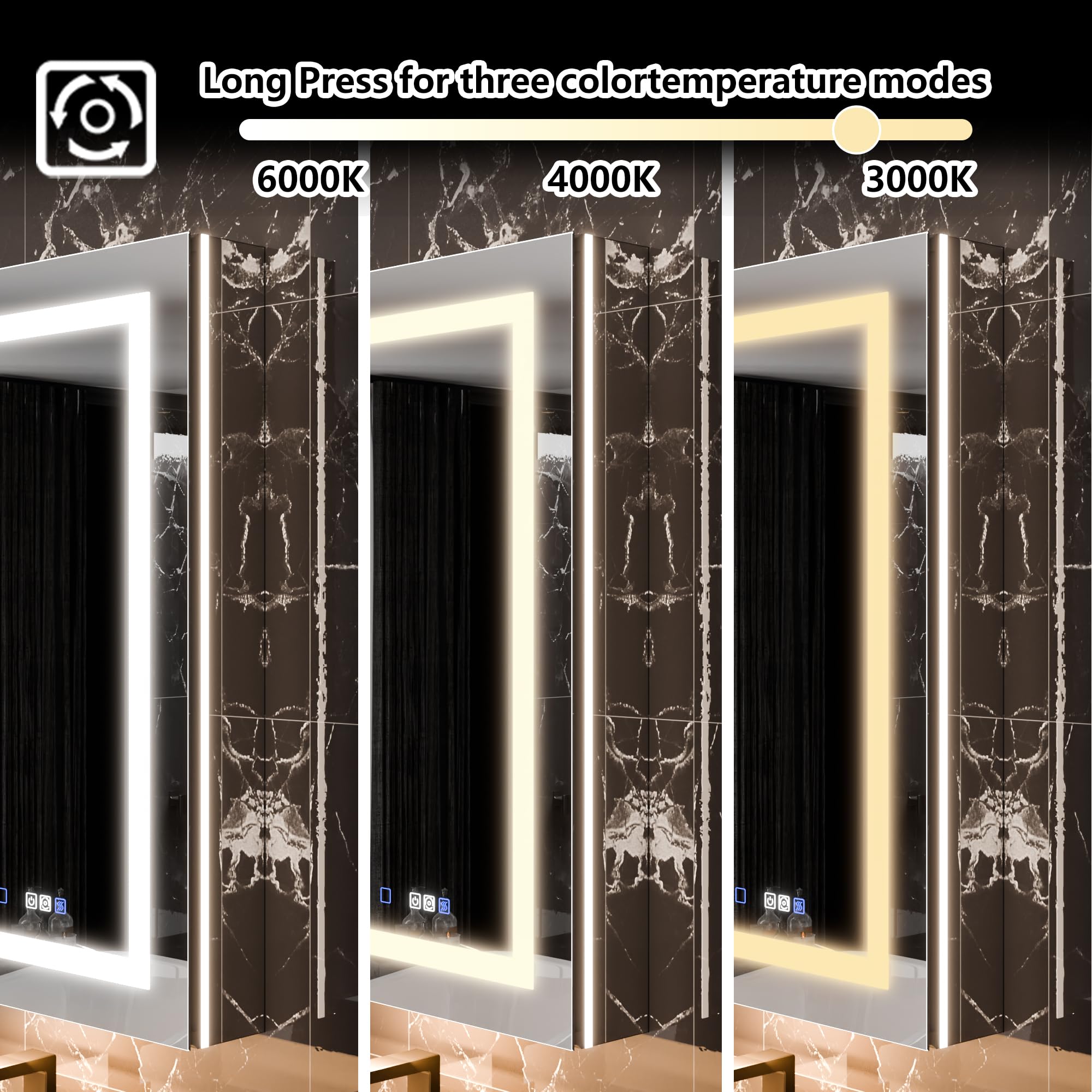 24 x 36 Lighted Medicine Cabinet with Mirror, Front & Backlit led Medicine Cabinet, Clock Temp Display, Defog,10x Magnifier, 3 Colors Temper Dimmable, Surface or Recessed Mount, Hinge on The Right