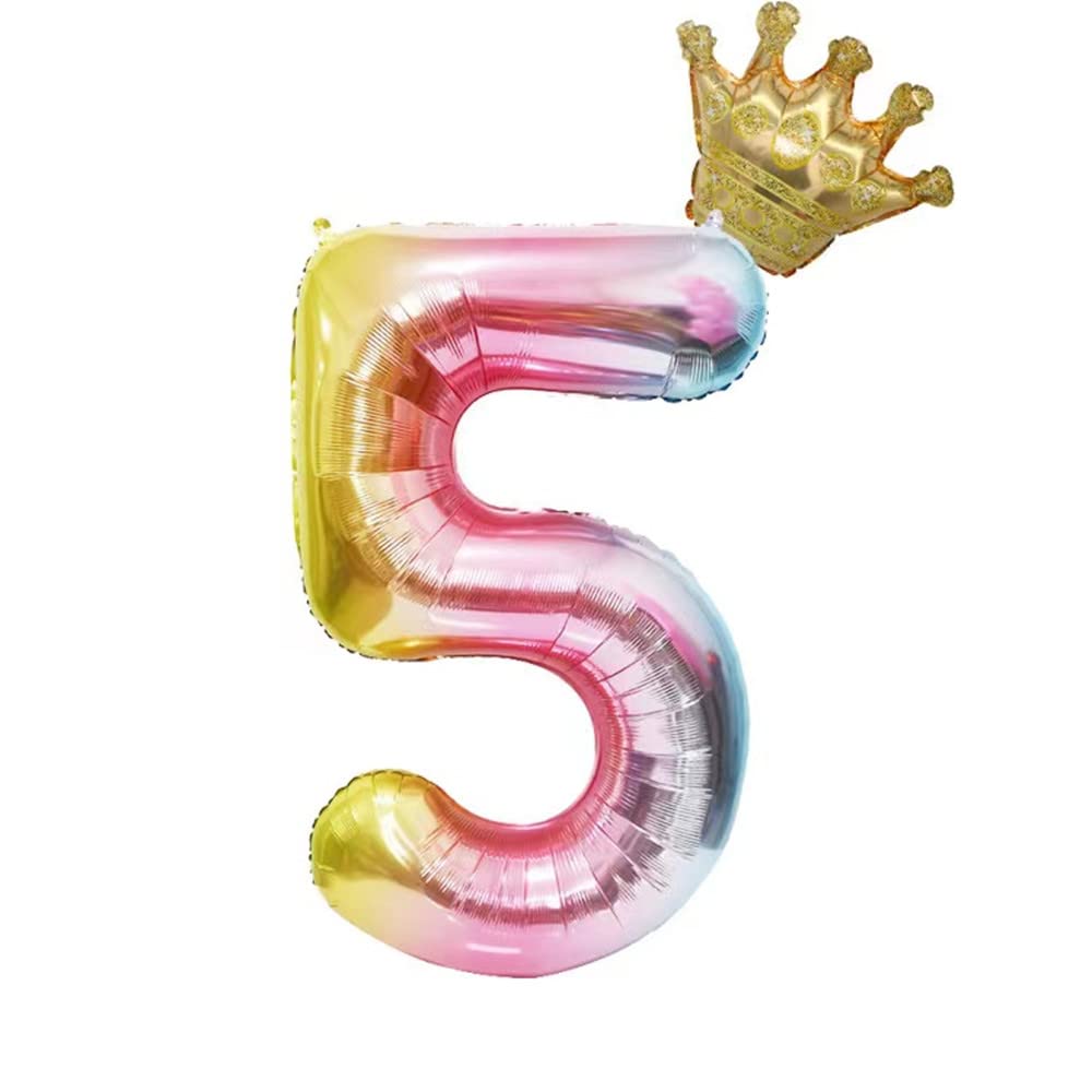 40-Inch Rainbow Gradient Number 5 Crown Balloons Set, 5th Birthday Balloons for Kids, Children's 5th Birthday Party Decorations. (5)