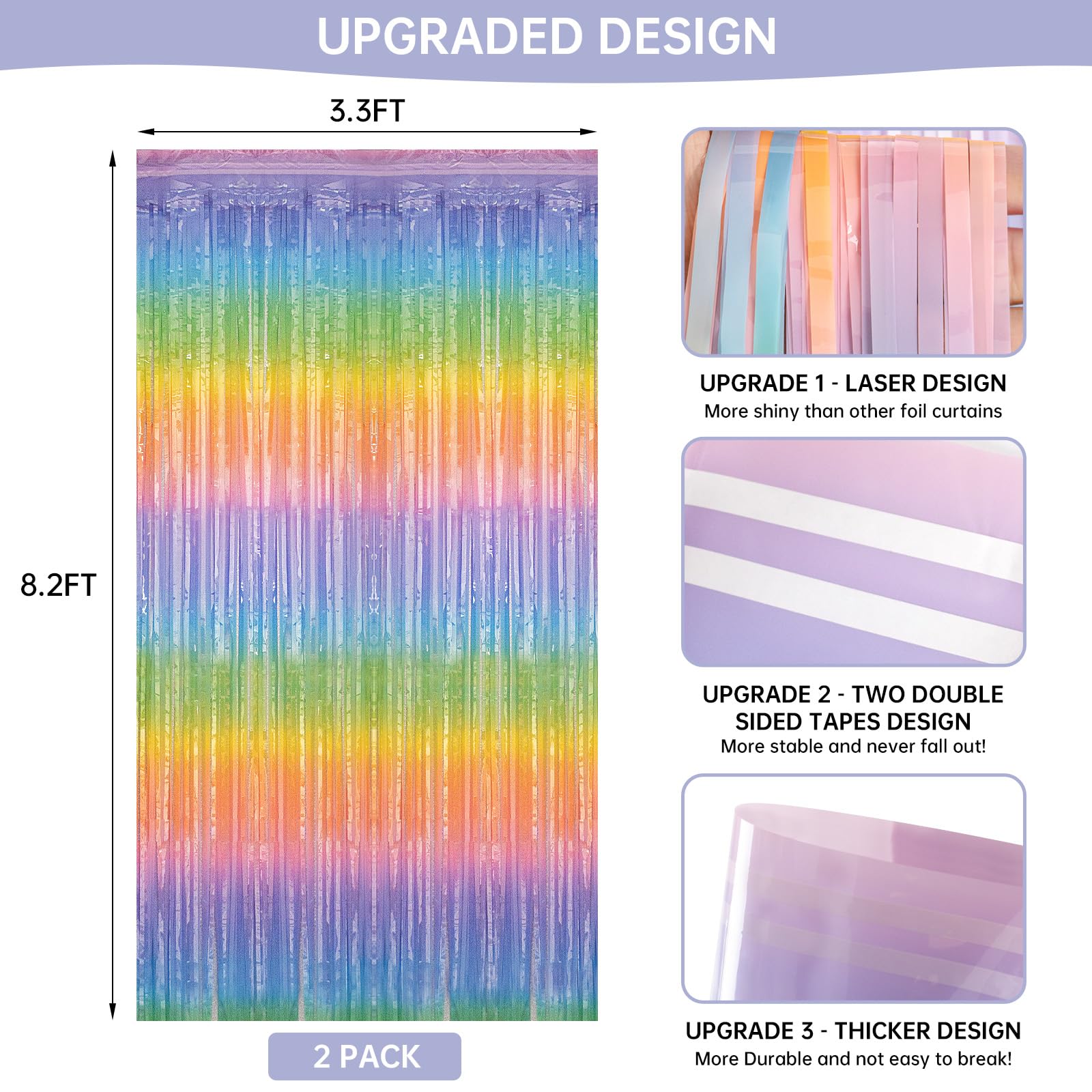 2 Pack 3.3 x 8.2 ft Tinsel Foil Fringe Curtain Backdrop, [Upgraded] Rainbow Metallic Streamers Backdrop Curtains for Birthday Decorations Girls Princess Bachelorette Unicorn Party Decorations