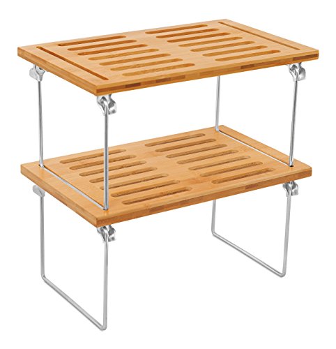 BIRDROCK HOME 2 Pack Kitchen Stacking Utility Shelf - Bamboo - 2 Shelves - Cabinet Closet Organizer and Storage - Small