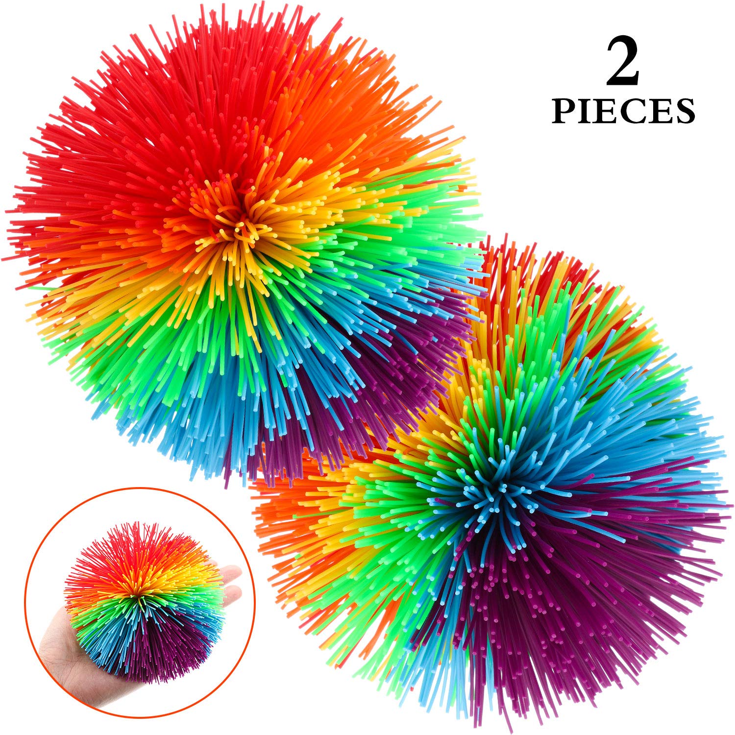 2 Pieces Large Monkey Stringy Balls 4.5 Inch Large Sensory Fidget Stringy Balls Soft Rainbow Pom Bouncy Stress Balls with Storage Bag, Multicolor (4.5 Inch, 2 Pieces)