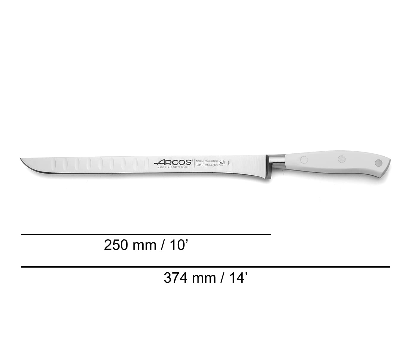 ARCOS Forged Slicing Knife / Ham Knife 10 Inch Nitrum Stainless Steel and 250 mm blade. Ergonomic Polyoxymethylene POM Handle. Series Riviera Blanc. Thin blade with a characteristic smooth edge. Color White.
