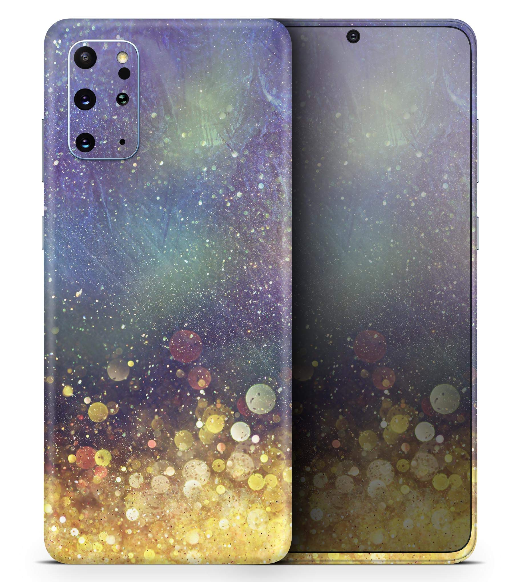 DesignSkinz Unfocused Multicolor Gold Sparkle Protective Vinyl Decal Wrap Skin Cover Compatible with The Samsung Galaxy S20 (Screen Trim & Back Glass Skin)