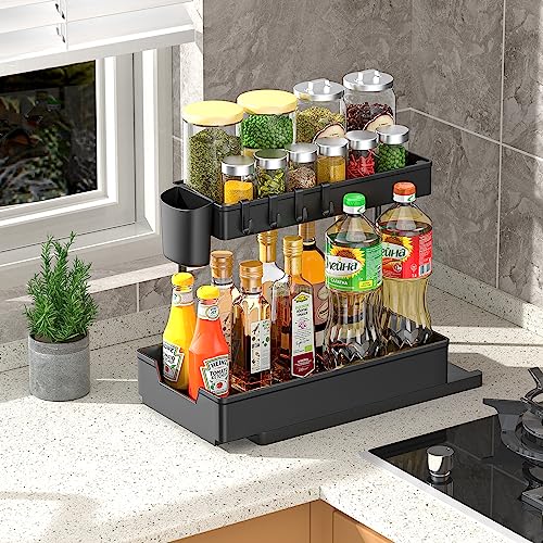 2 Pack Under Sink Organizers and Storage L-Shape 2 Tier Pull Out Sliding Drawer Narrow Space Storage Multipurpose Sliding Kitchen Cabinet Bathroom Organization Under Sink Cleaning Supply Organizer