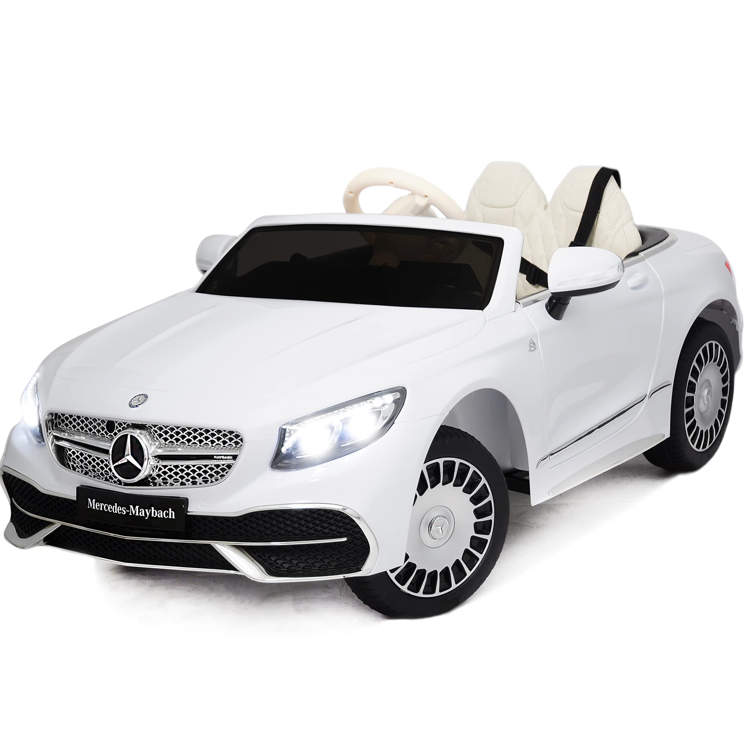 Americas Toys Car for Kids to Drive with Leather Seat, Mp4 Player, Bluetooth, Remote Control – Ride in Vehicle One Seater with Open Doors, 5 Point Safety Belt, Compatible with Mercedes Maybach White