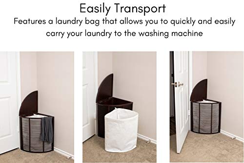 BirdRock Home Compact Corner Laundry Hamper with Lid and Removable Liner - Small - Brown Bamboo - Easily Transport Laundry - Baby Dirty Clothes Bin Sorter Basket - Cut Out Handles