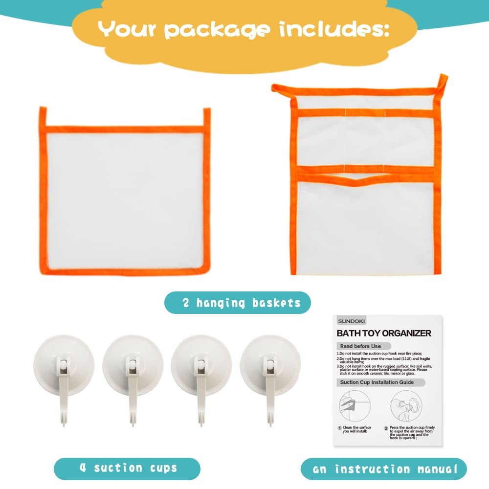 Bath Toy Organizer, SUNDOKI Bath Toy Holder Storage Bags with 4 Suction Cup Hooks and 2 Bath Toy Nets for Kids, Toddlers and Adults (Orange)