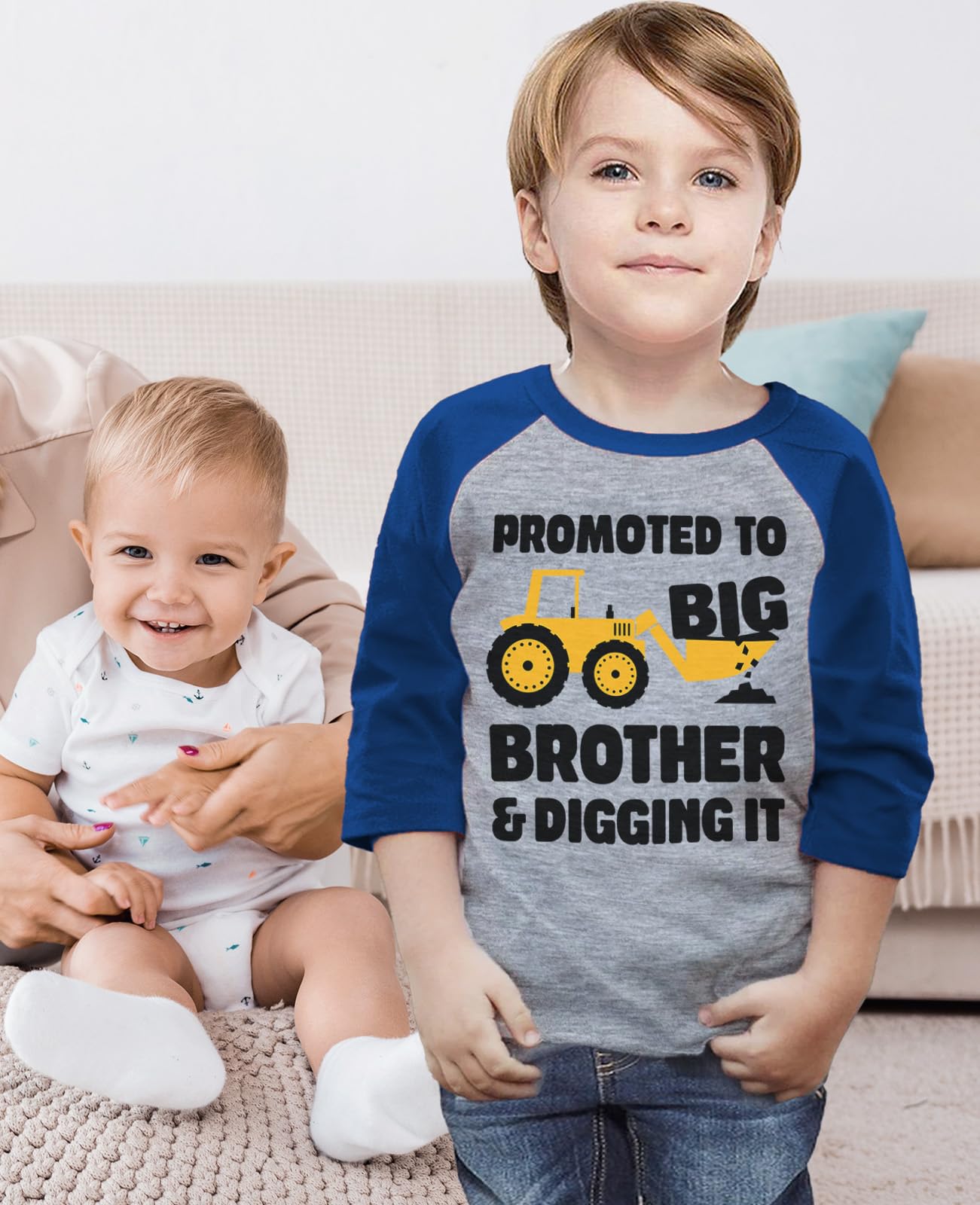 Promoted to Big Brother & Digging It Shirt Construction Bulldozer Sibling Toddler Kids Raglan T-Shirt 2T Blue