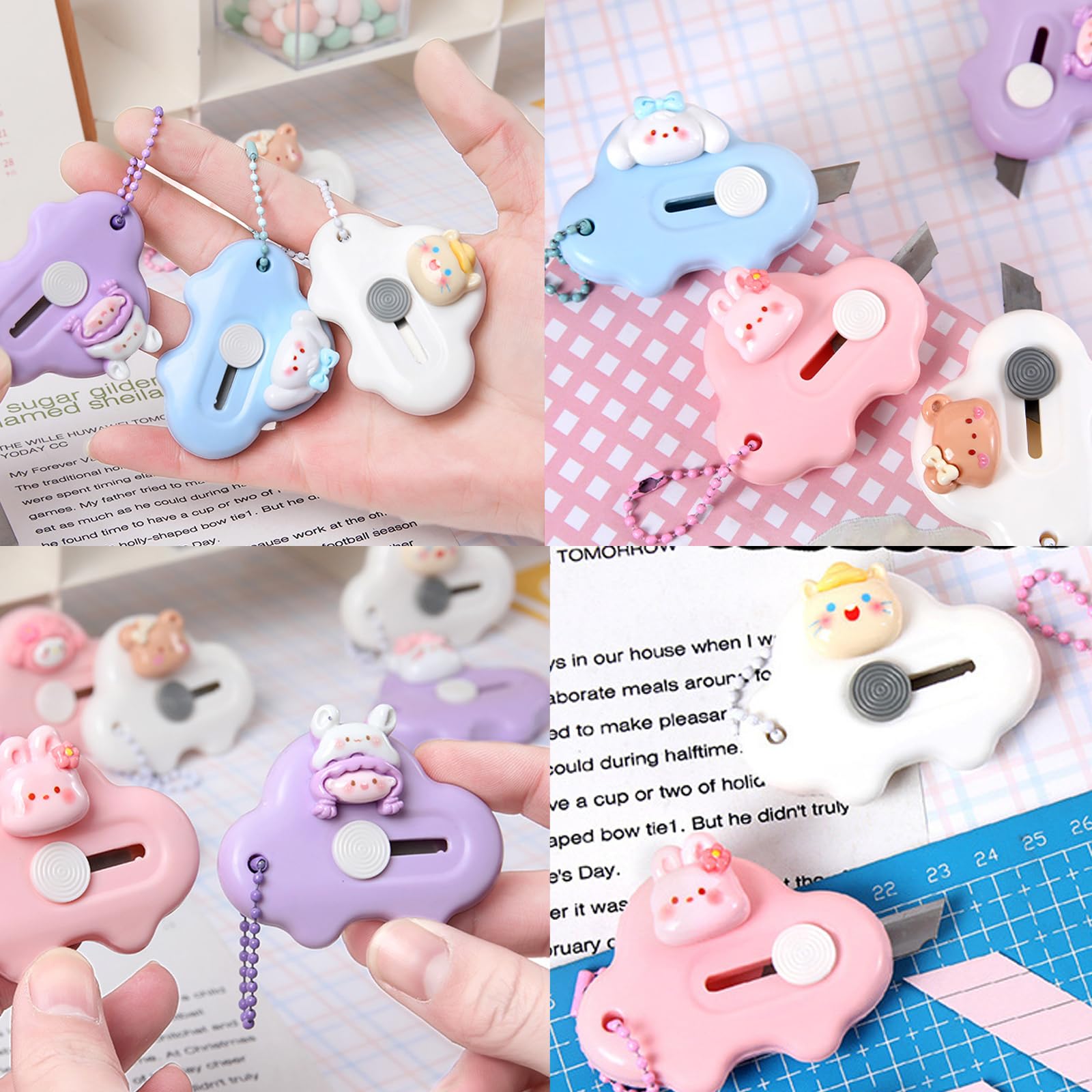 6 Pack Cute box cutters Retractable,box opener Set, Letter Opener, Mini Envelope knife, portable multi-Function knife suitable for School Office Supplies and Stationery, DIY crafts with Key Chain