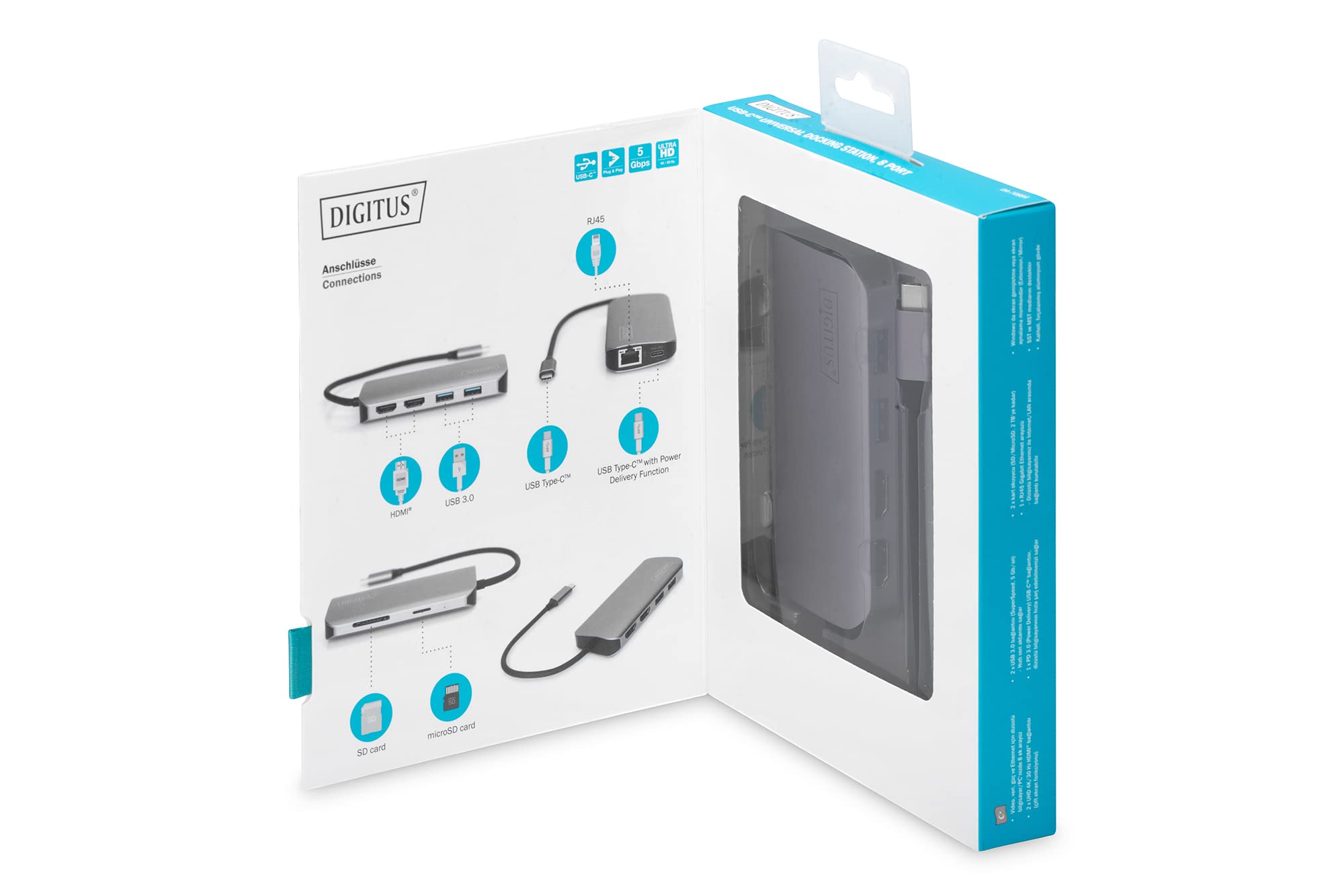 Digitus 8-Port USB-C Dock, 2xUSB3.0, 1xRJ45, 2xHDMI, 1xPD, 1xMicro SD, 1xSD, Grey