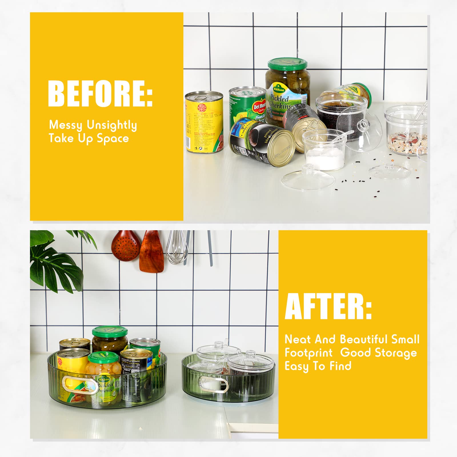 2 Pcs Lazy Susan Turntable Plastic Spinner Organizer, 11 Inch 8.7 Inch Spice Rack with Handles Round Plastic Clear Rotating Condiment for Cabinet Kitchen Refrigerator Jewelry Storage Bathroom (Green)