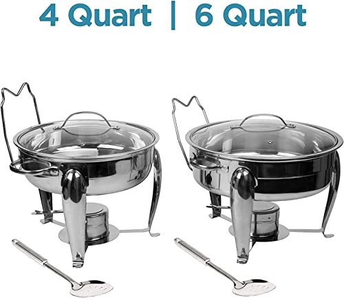 6 Quart Round Stainless Steel Chafing Dish with Bonus Slotted Spoon and Drip Tray for Lid | Keeps linens Dry | for Wedding, Graduation, Events, Parties | Sterno Holder…