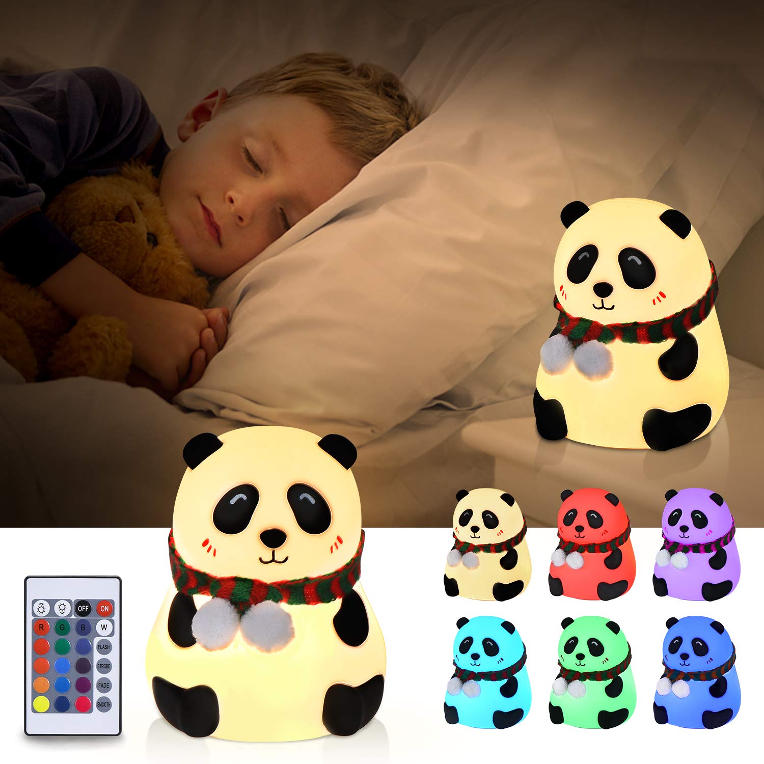 GoLine Panda Gifts for Girls Boys Babies Toddlers, Cute Nursery Decor Silicone Panda Bear Night Light for Bedroom with 7 Color Change LED Lamp.