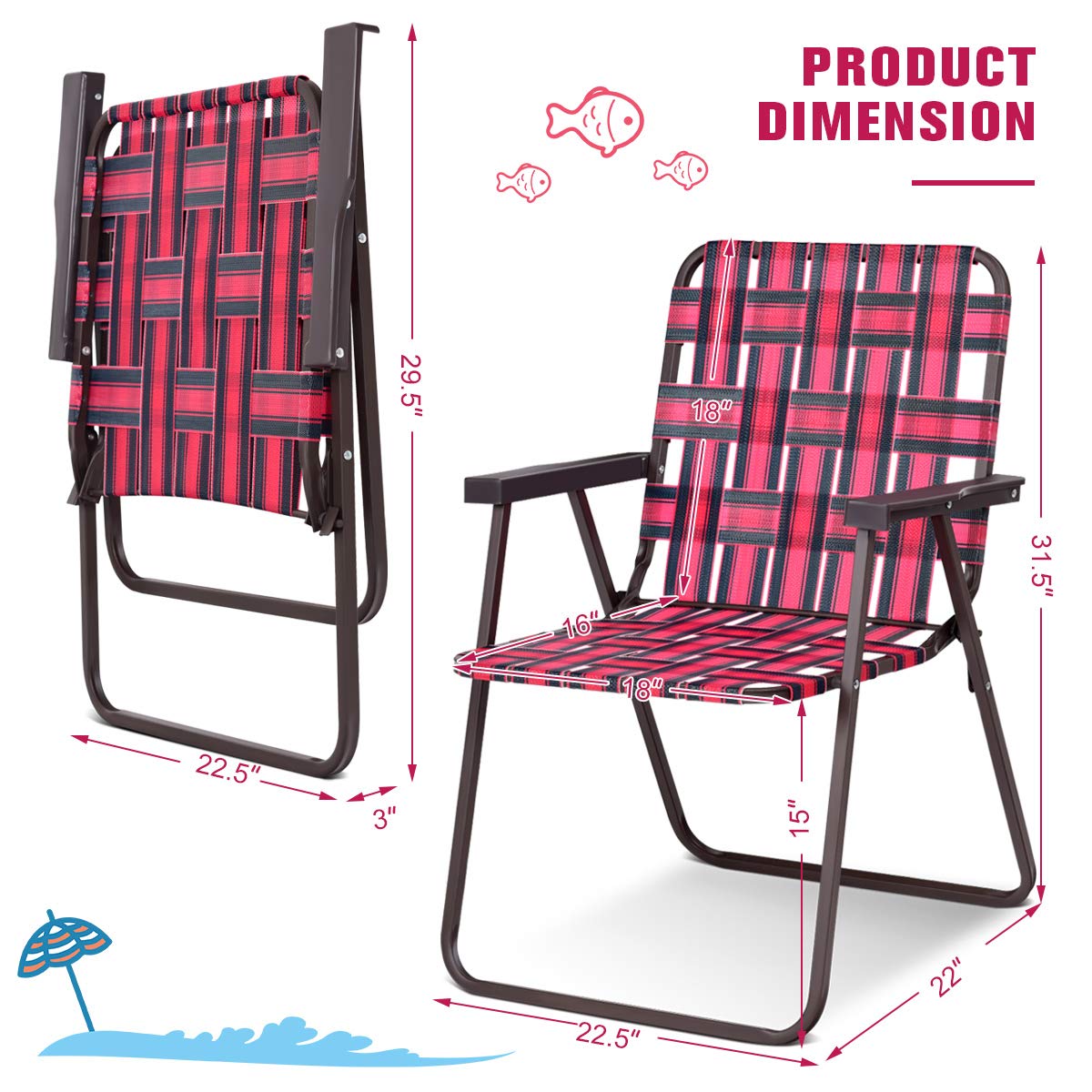 6 PCS Folding Lawn Chairs Set, Portable Outdoor Patio Chairs w/Stable Metal Frame & Armrests, Webbed Folding Beach Chairs Set for Lawn Patio Garden Backyard (Red)