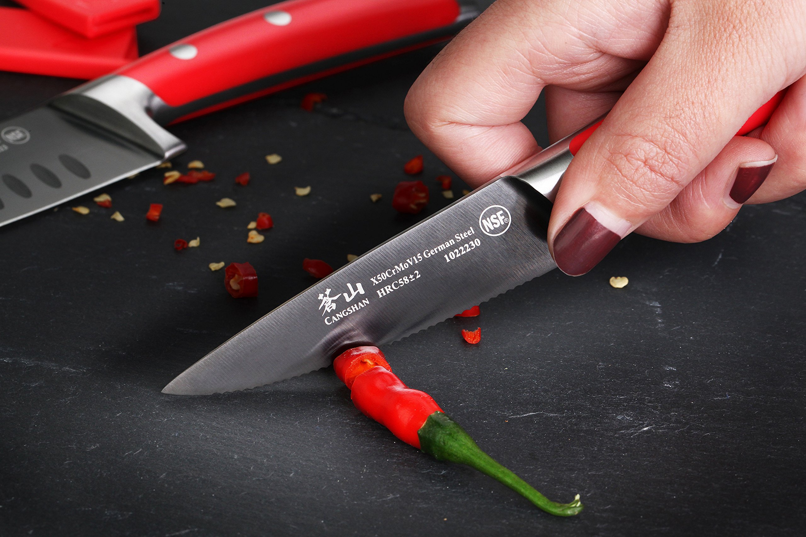 Cangshan S+ Series 1022131 German Steel Forged 2-Piece Titanium Coated Santoku Starter Knife Set with Sheaths, Jupiter Red