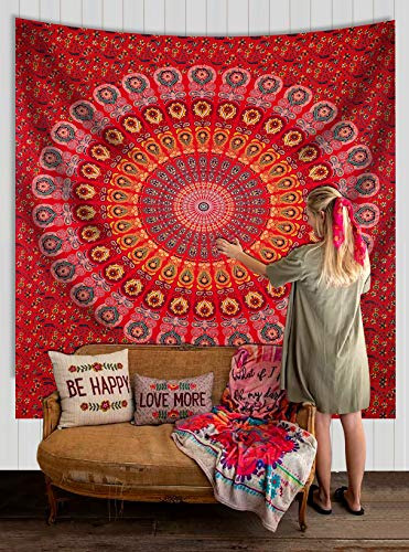 SHIRANYA Red Queen Indian Mandala Tapestry Wall Hanging for Bedroom Bohemian Floral Design Cotton Bedspread Throw Blanket Decorative (84x90 inches/213x229 cm)