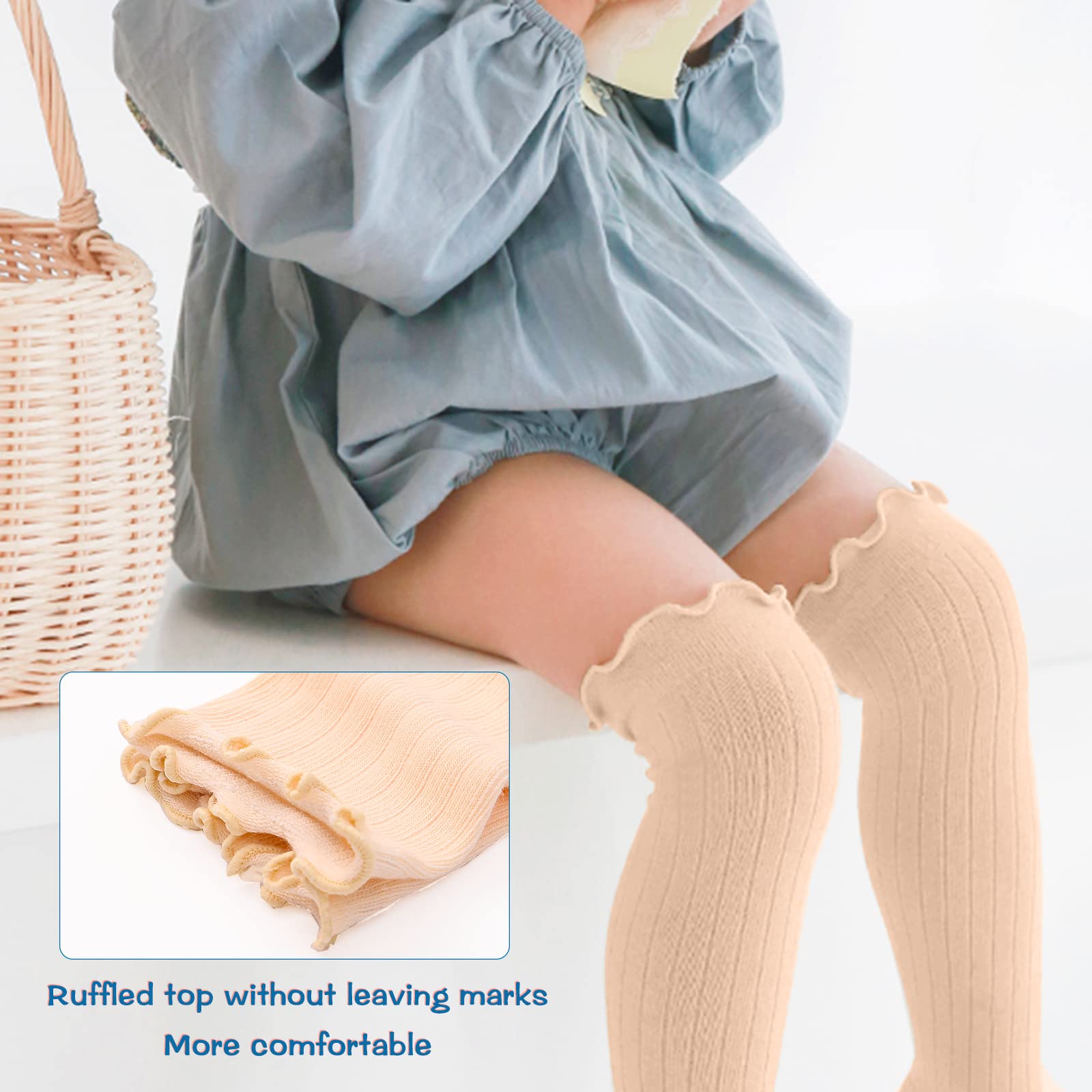 Aaronano Non-slip Knee High Socks Baby Girls Grippy Sock Frilly Ruffle 5 Pairs(2 white + 2 pink + 1 nude,0-6 Months)