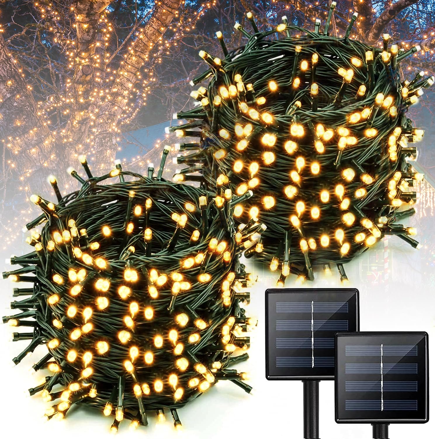2-Pack Solar String Lights Outdoor, 200 LED Extra-Long 72FT Waterproof Solar Christmas Lights with 8 Lighting Modes, Solar Tree Lights for Xmas Party Wedding Garden Yard Home Decorations (Warm White)