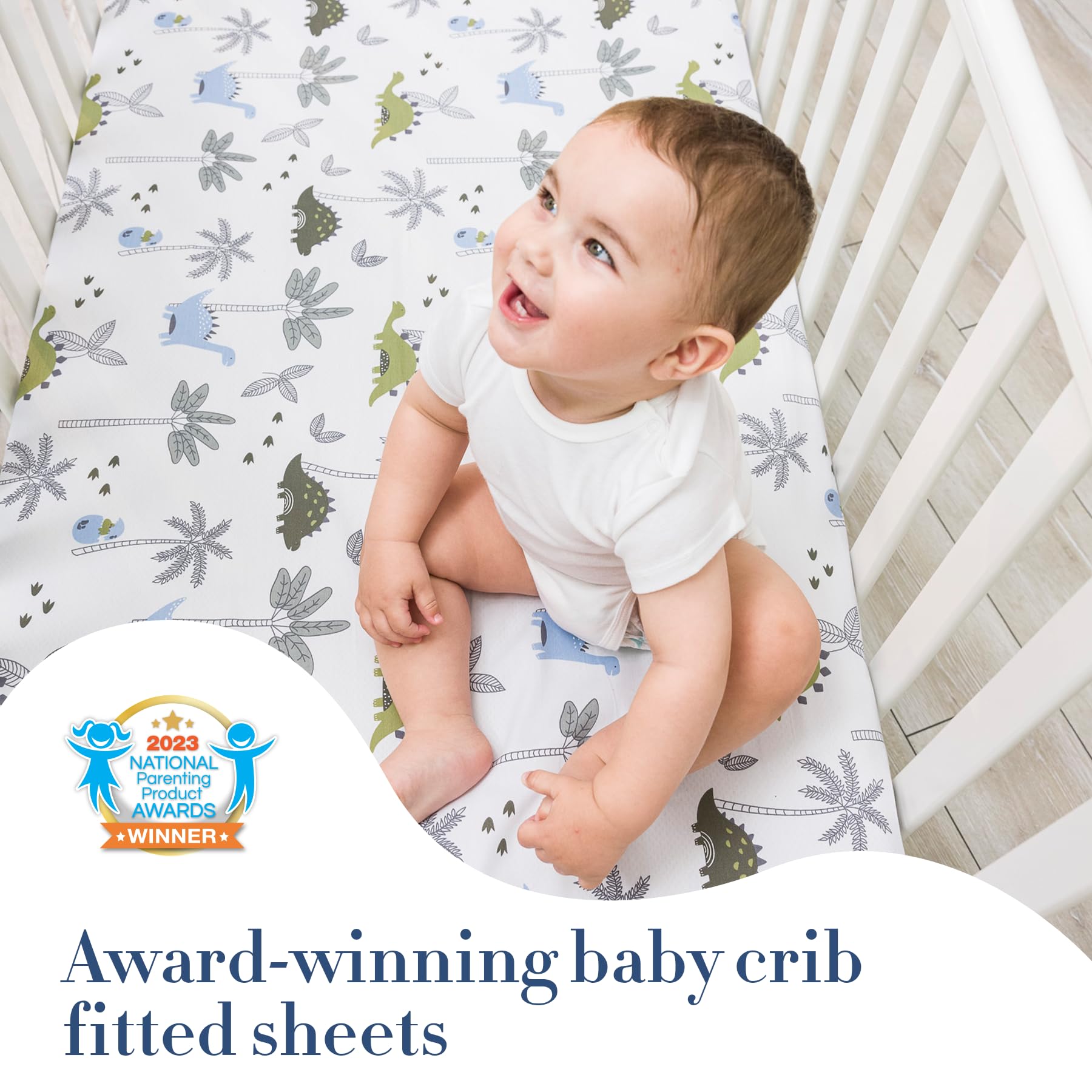 Dinosaur Crib Bedding Set for Boys, Crib Set for Boys includes - Dino Blanket, 2 Fitted Sheets, Pillowcase, Crib Skirt, Nursery Organizer - Dino Theme, Blue-White, 6 Piece boy crib bedding set