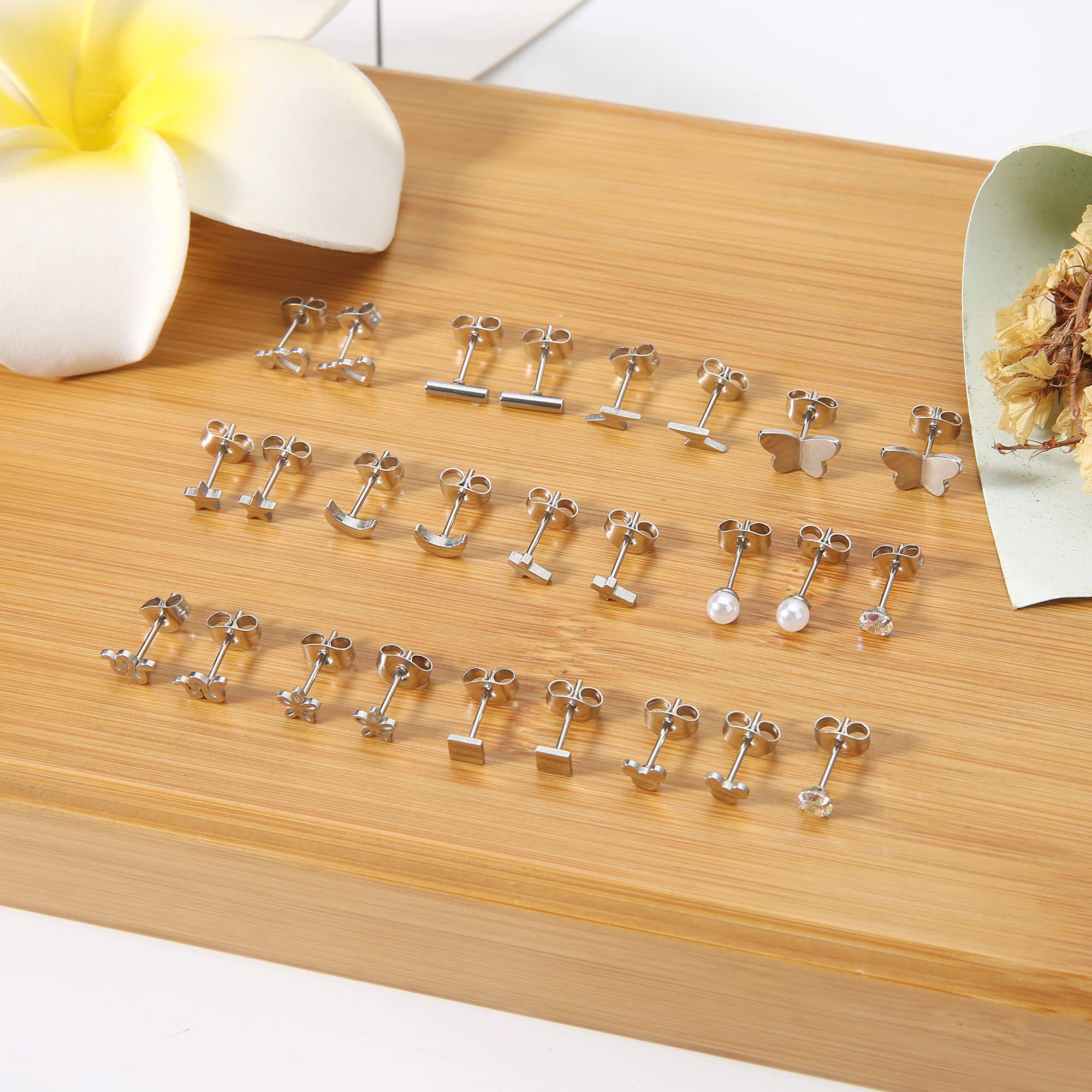 18 Pairs Stainless Steel Star Moon Stud Earrings for Women Cute Bar CZ Stud Earring Set (silver-tone)