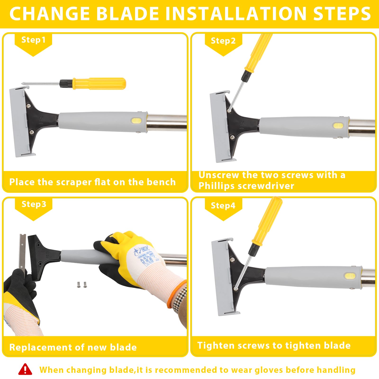 Floor Scraper Long Handle Heavy Duty, Floor Scraper Blades 4 inch scraper tool kitchen 31-61โ Thickened Steel Sharp Blades Free Extra 10PCS Metal Paint Scraper Ideal for Cleaning.(1, black)
