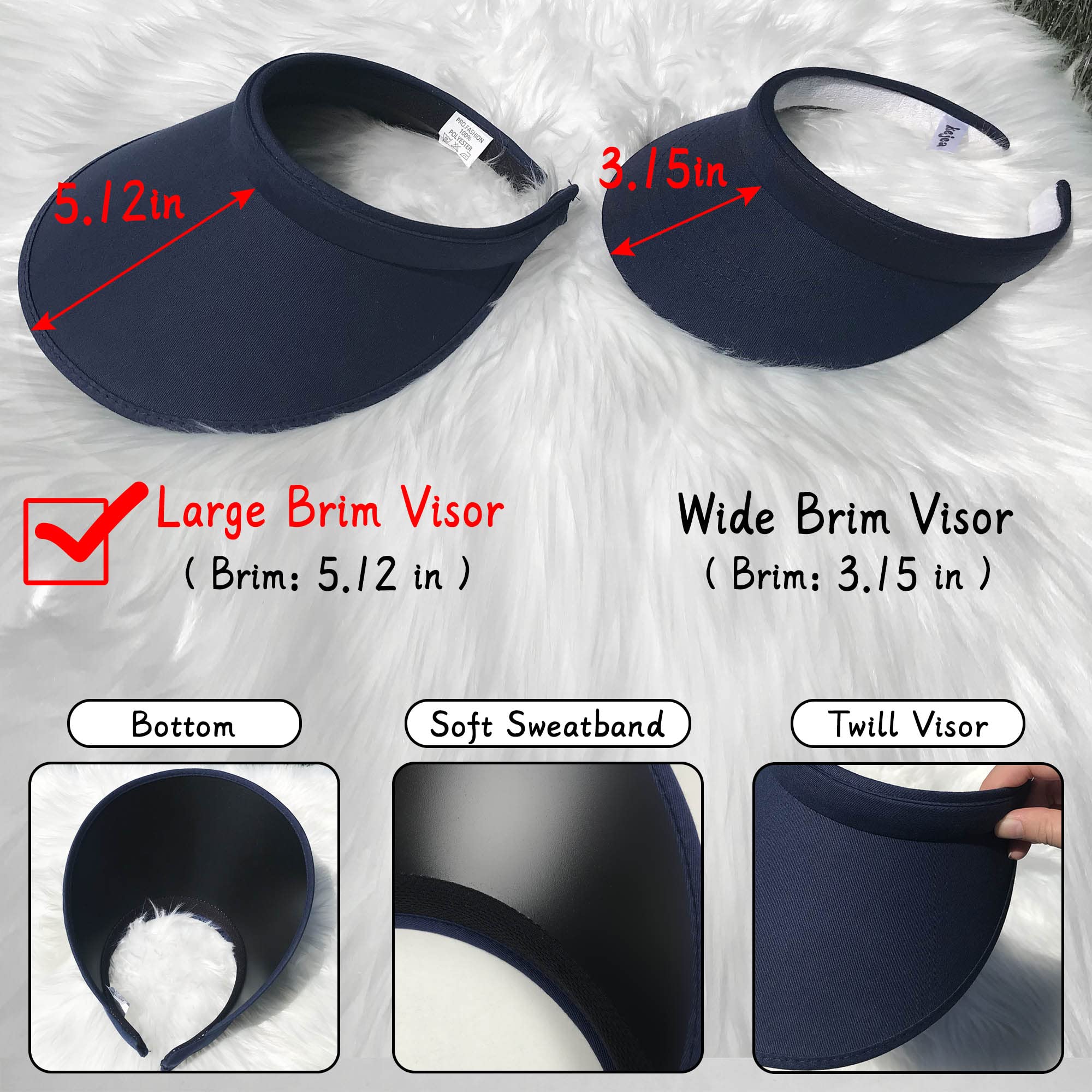2 Pack Visor Women Men Large Brim Hats Adjustable Uv Protection Outdoor Sports Visors Clip On Cap Golf Bicycle Blue (Navy)